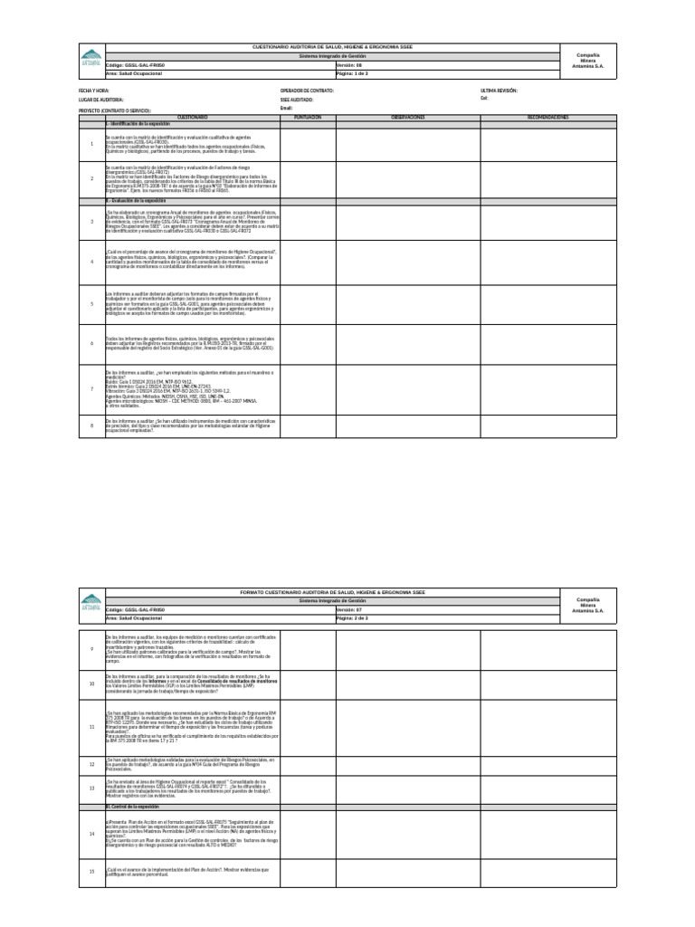 GSSL-SAL-FR050 Ficha de Auditoria en SHO V08 | PDF | Factores humanos y ergonomía | Higiene ...