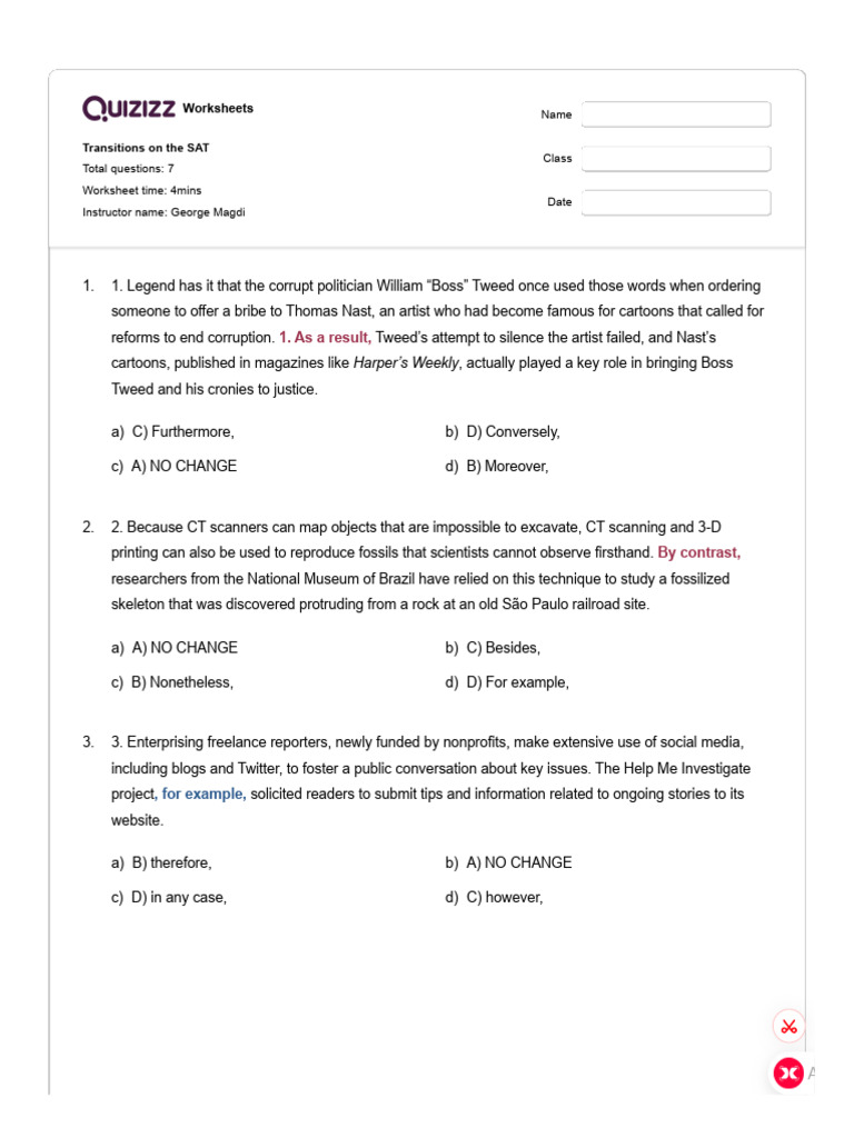 Transitions On The SAT - Quizizz | PDF
