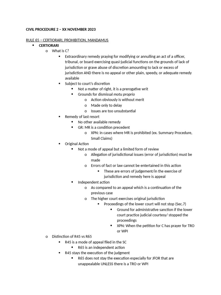 (Rule 64+65) XX November 2023 - Civpro 2 | PDF | Mandamus | Appeal