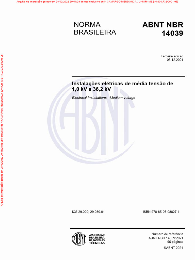 NBR-14039 - 2021 - Instalações Elétricas de Alta Tensão (De 1kV A 36 ...