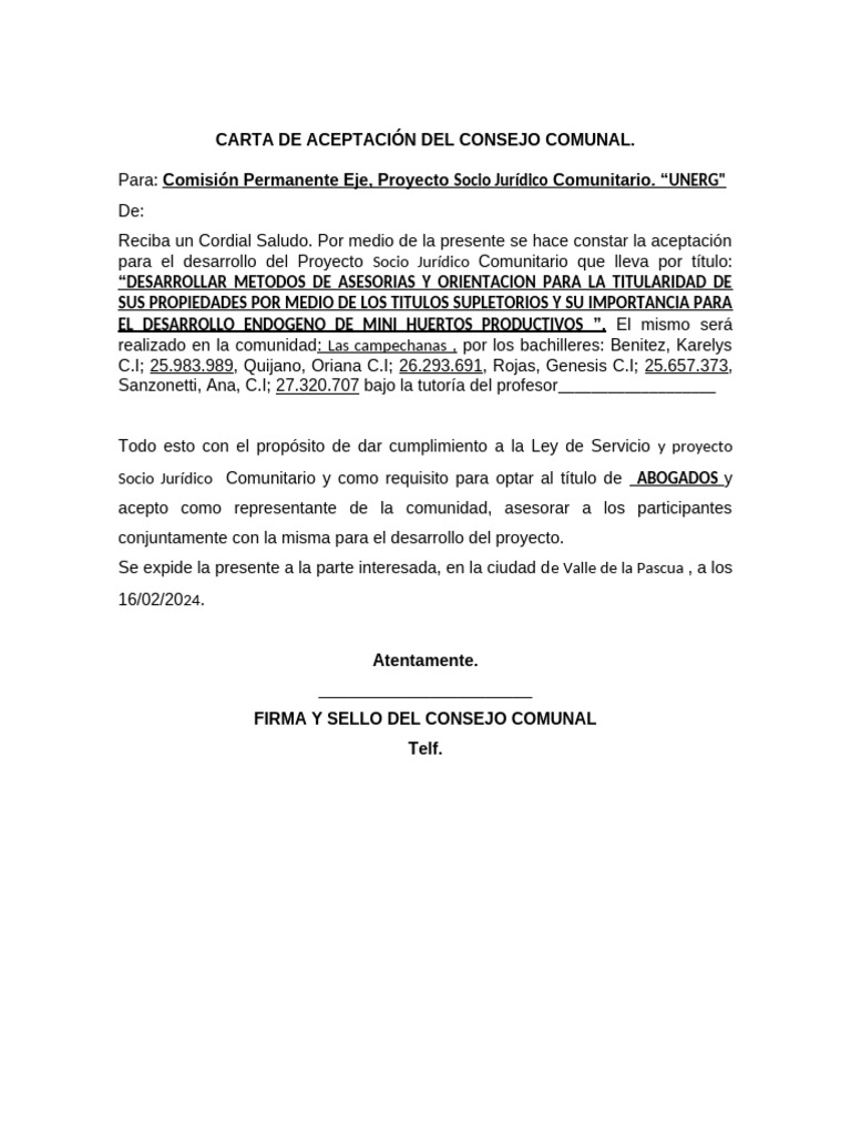 FORMATO DE CARTA DE ACEPTACION DEL CONSEJO COMUNAL | PDF