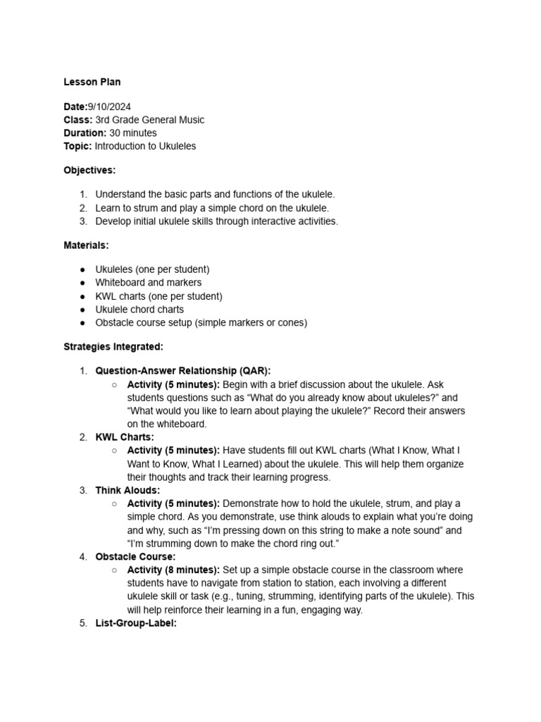 3rd Grade Ukulele Intro Lesson | PDF | Cognitive Psychology | Pedagogy