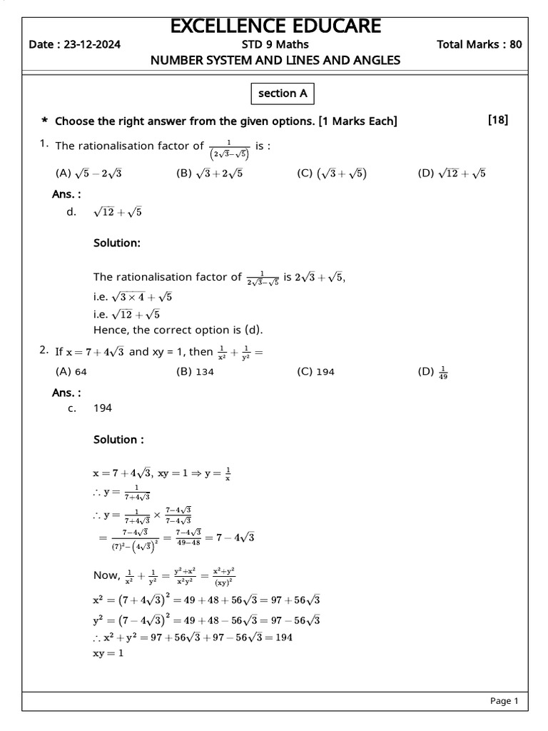 9TH REVISION TEST PAPER 1 - Solution | PDF | Numbers | Rational Number