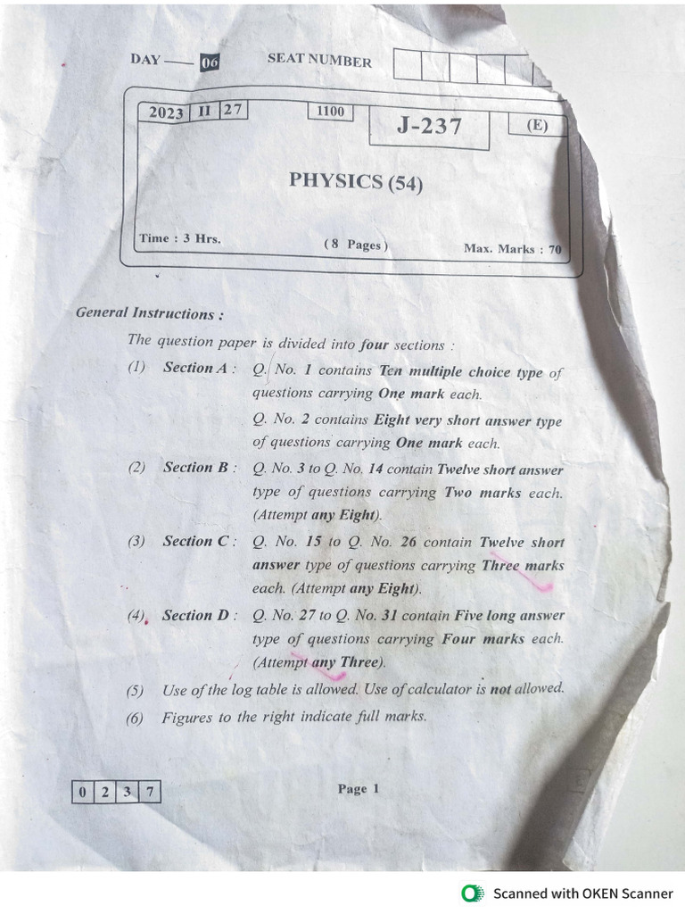 HSC Board 2023 Physics Question Paper | PDF
