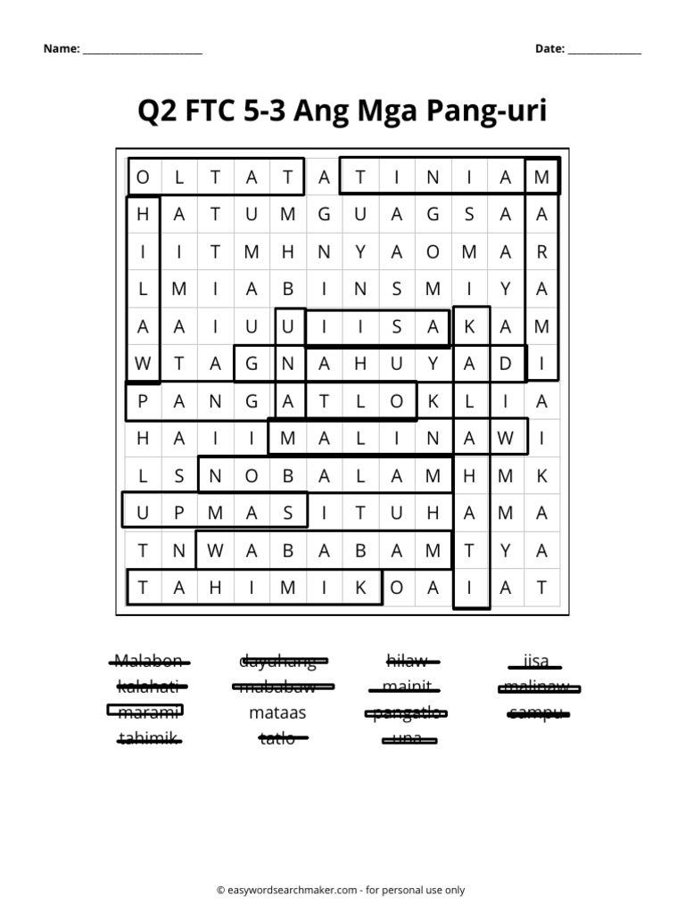 Filipino Adjective Word Search | PDF
