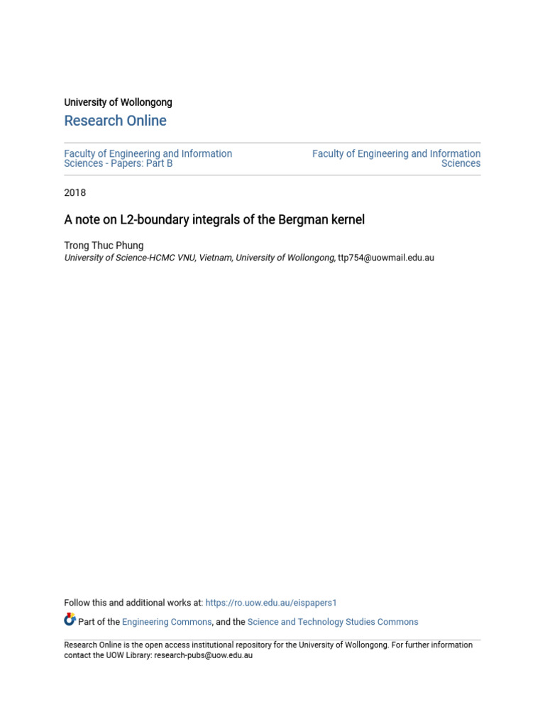 A Note On L2-Boundary Integrals of The Bergman Kernel | PDF | Mathematical Analysis | Calculus