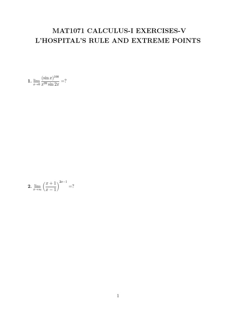 Calculus-I Exercises-V. L'hospital's Rule and Extreme Points | PDF | Computational Science ...