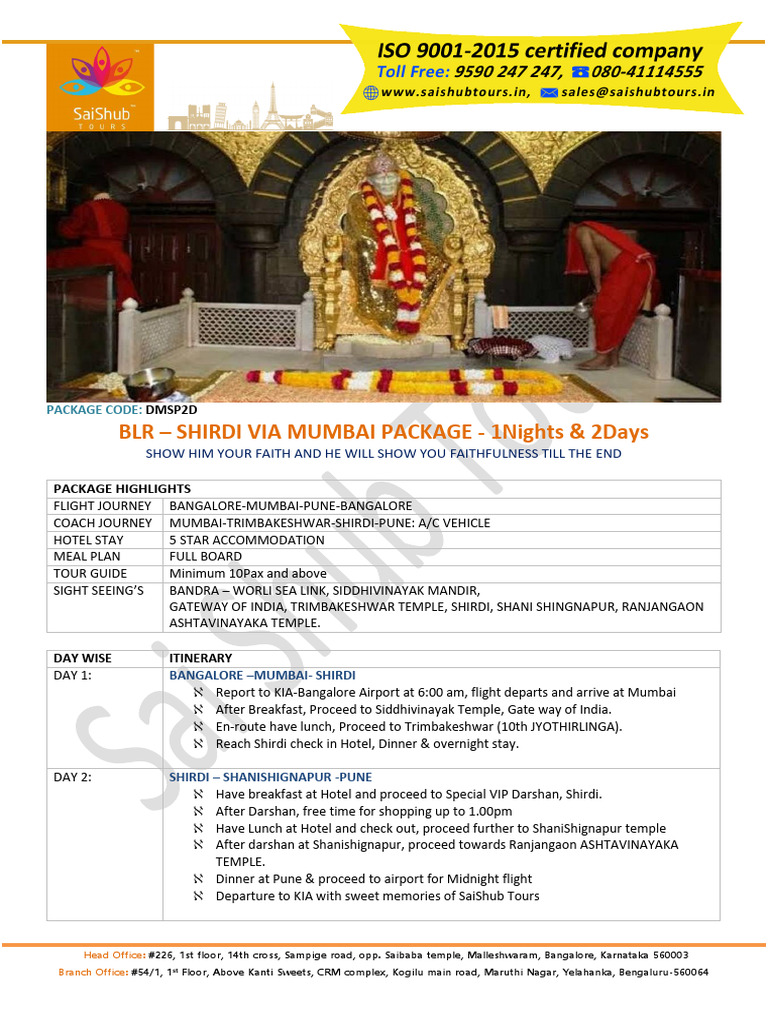 Shirdi Package: Bangalore to Mumbai 2D1N | PDF | Meal