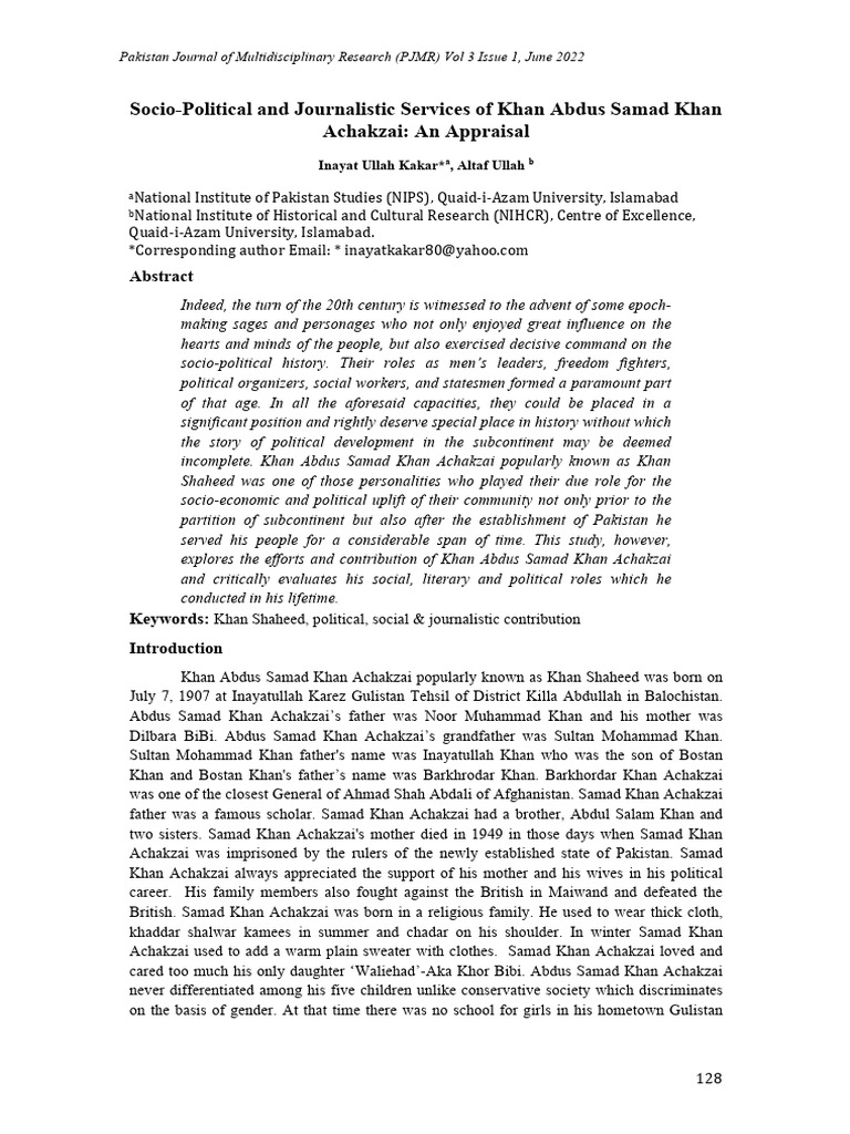 Socio-Political and Journalistic Services of Khan Abdus Samad Khan Achakzai. An Appraisal by ...
