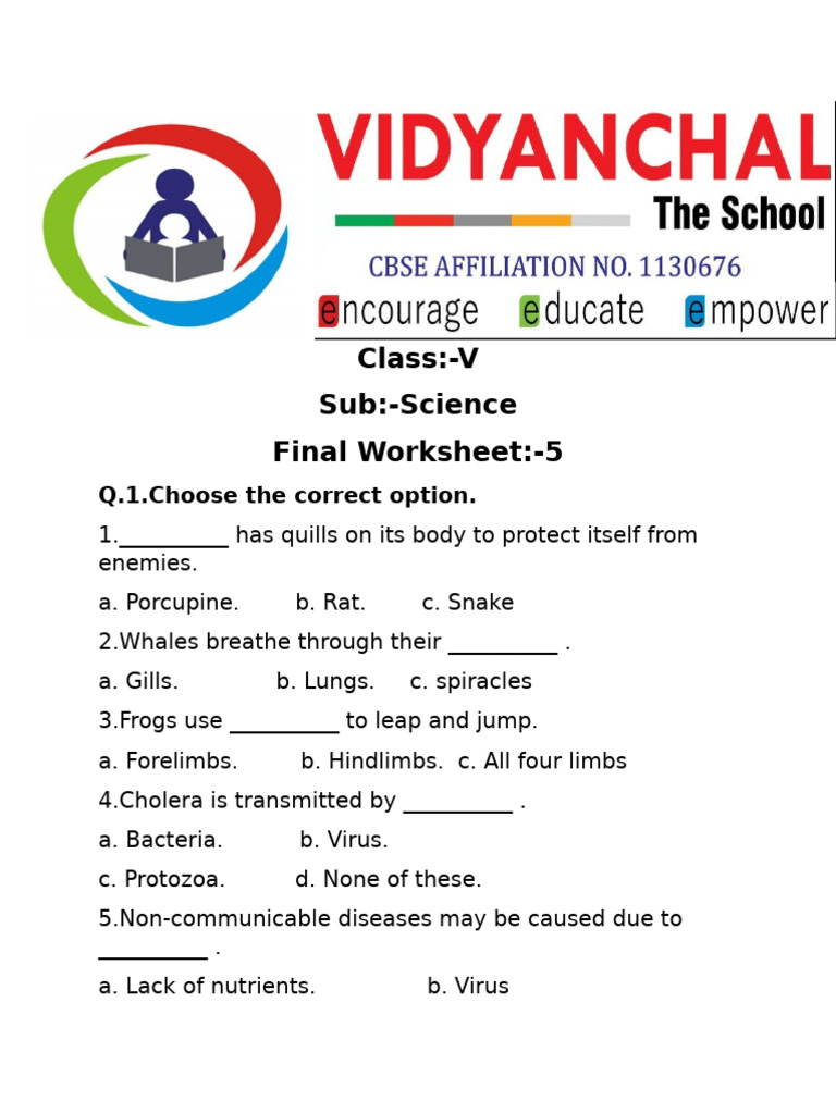 Class 5 Science Final Worksheet | PDF