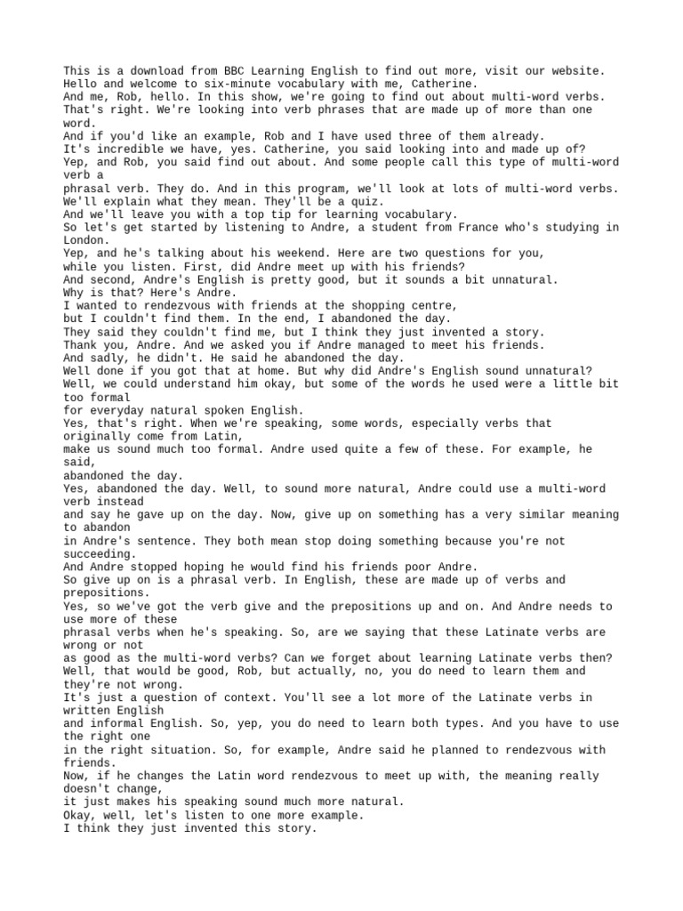 Multiword Verbs B2 BBC Learning Vocabulary Podcast | PDF | English ...