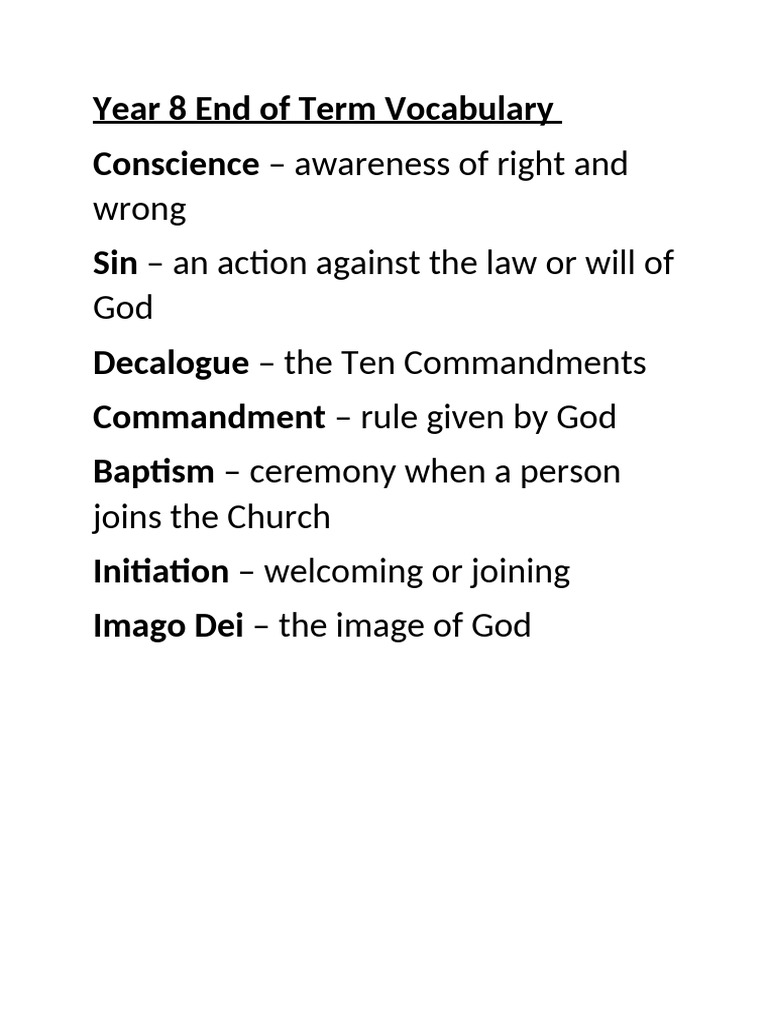 Year 8 End of Term Vocabulary | PDF