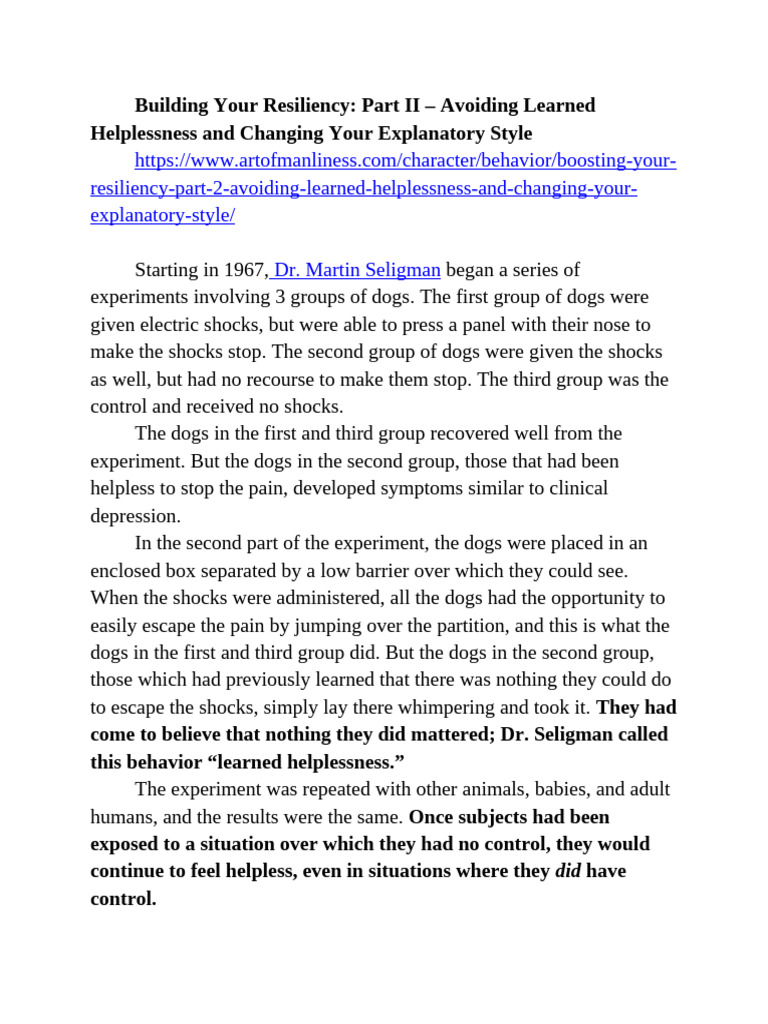 Building Your Resiliency Part II - Avoiding Learned Helplessness and ...