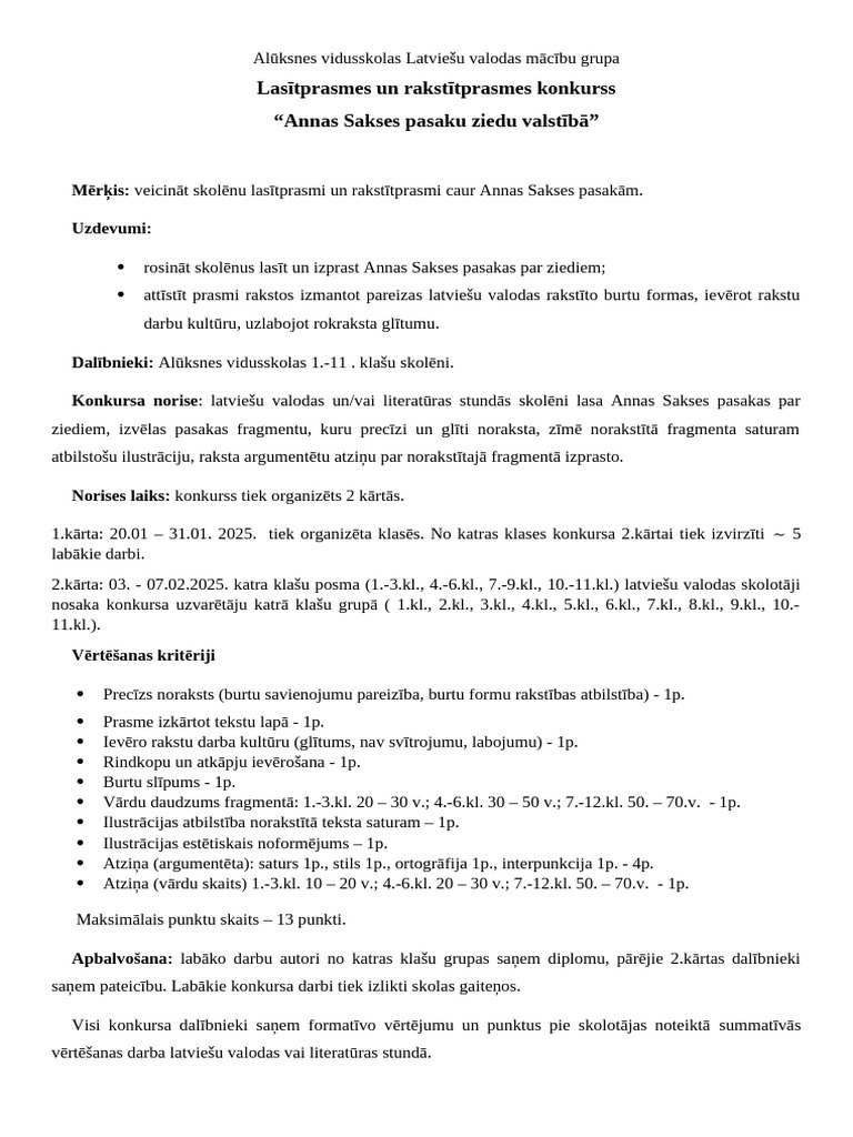 Konkursa Annas Sakses Pasaku Ziedu Valstībā Nolikums | PDF