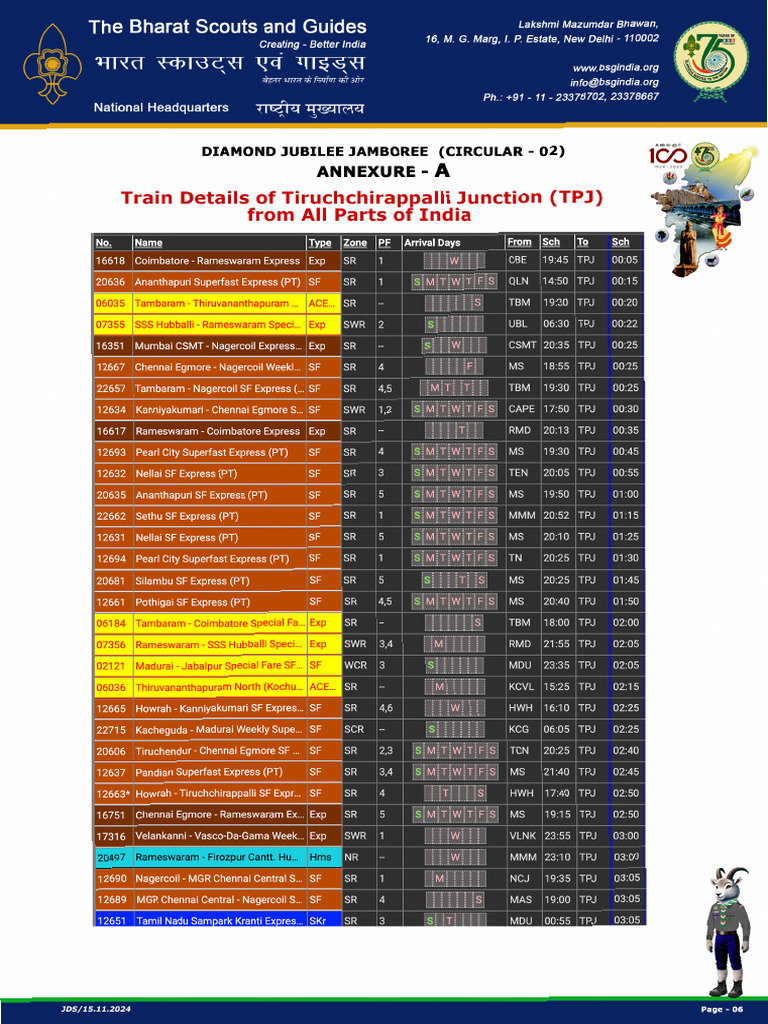 BSG Diamond Jubilee Jamboree - Annexure A - Train Time Table | PDF