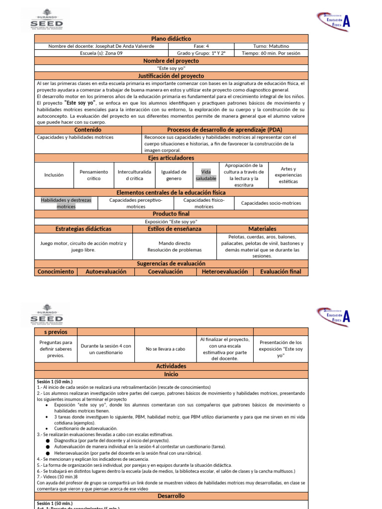 Proyecto "Este soy yo" en Educación Física | PDF | Educación primaria ...