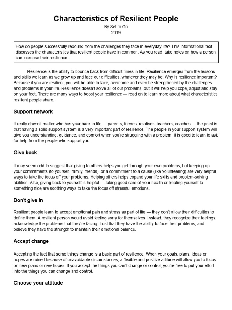 Characteristics of Resilient People TEXT | PDF | Psychological ...