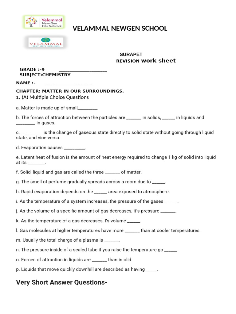 Grade 9 Chemistry: Matter Worksheet | PDF | Gases | Liquids