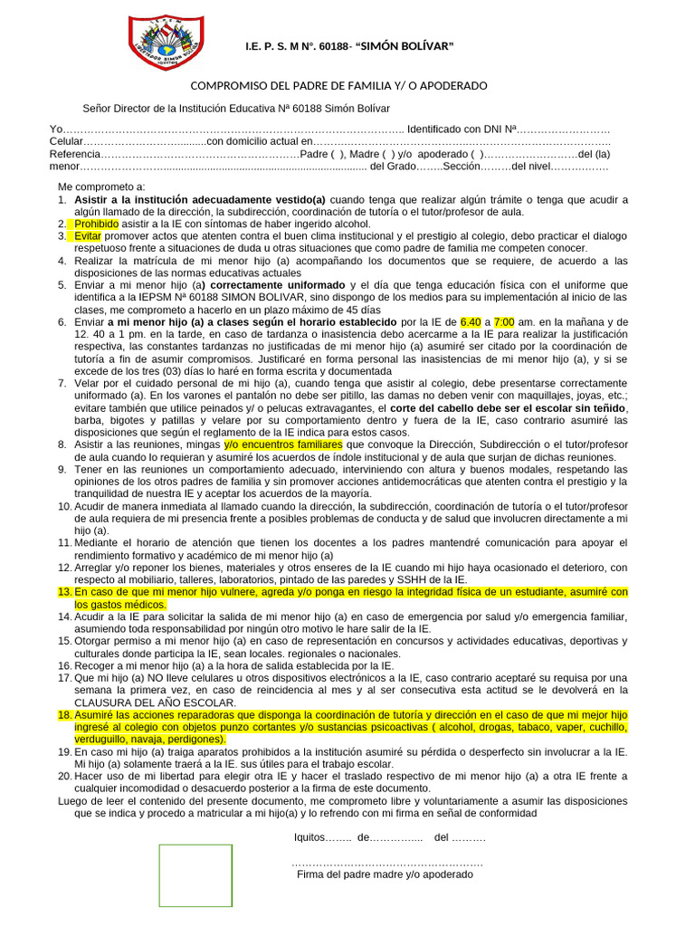 COMPROMISO DEL PADRE DE FAMILIA Y APODERADO. Arreglado | PDF