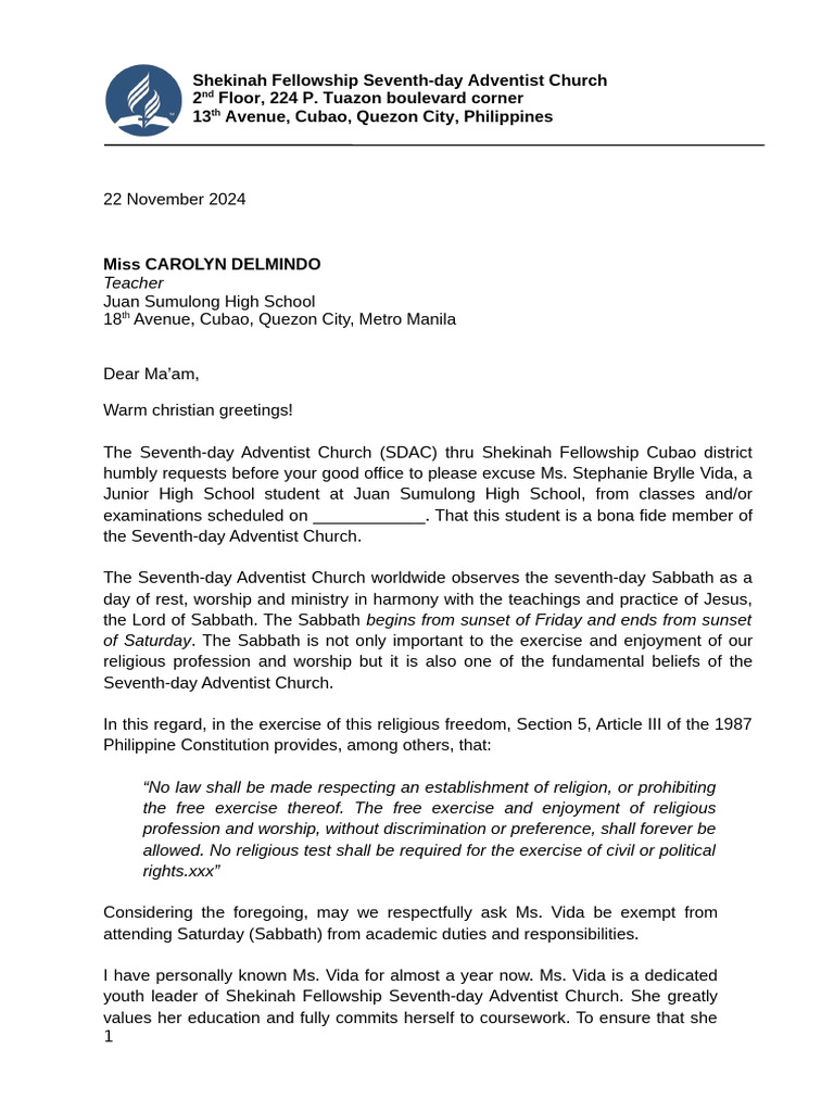 Ms. Vida Sabbath Observance Letter | PDF | Seventh Day Adventist Church ...