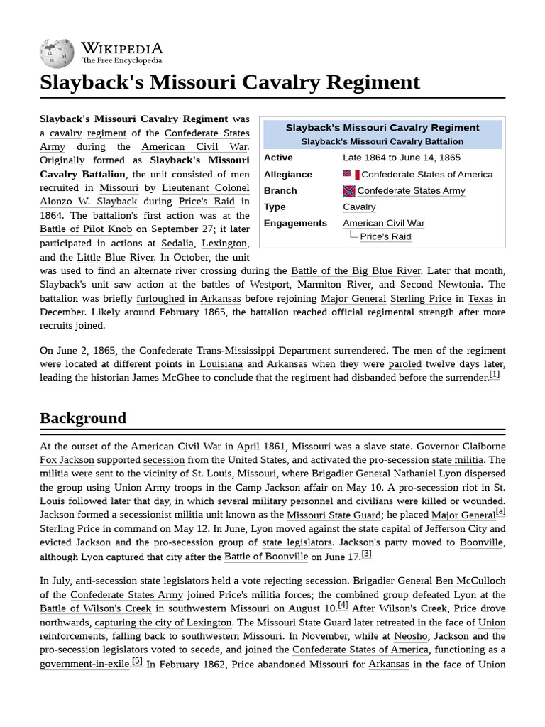 Slayback's Missouri Cavalry Regiment History | PDF | Conflicts ...