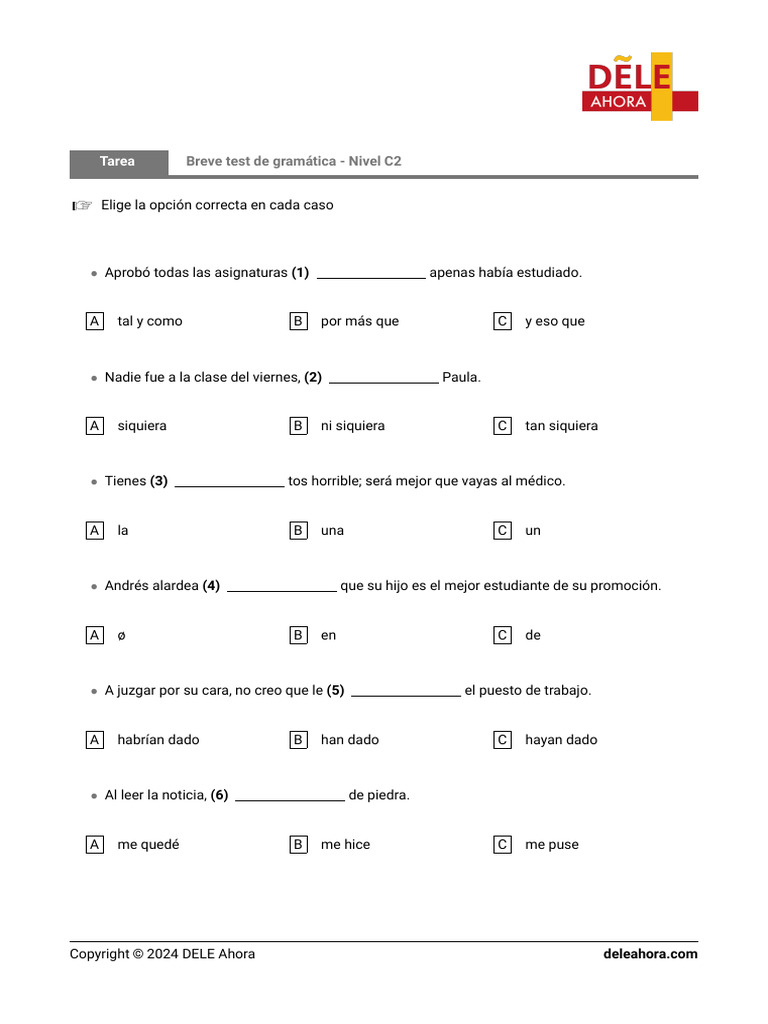 Test de gramática C2 en español | PDF