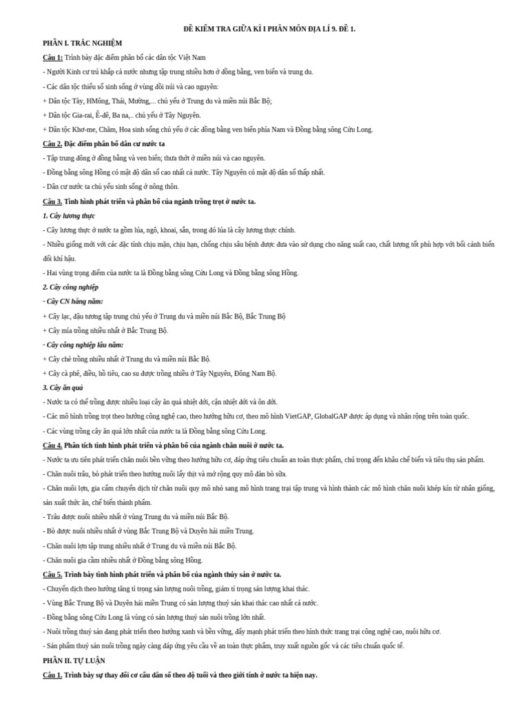 Đề Cương Ôn Tập Giữa Kì 1.DL9 | PDF