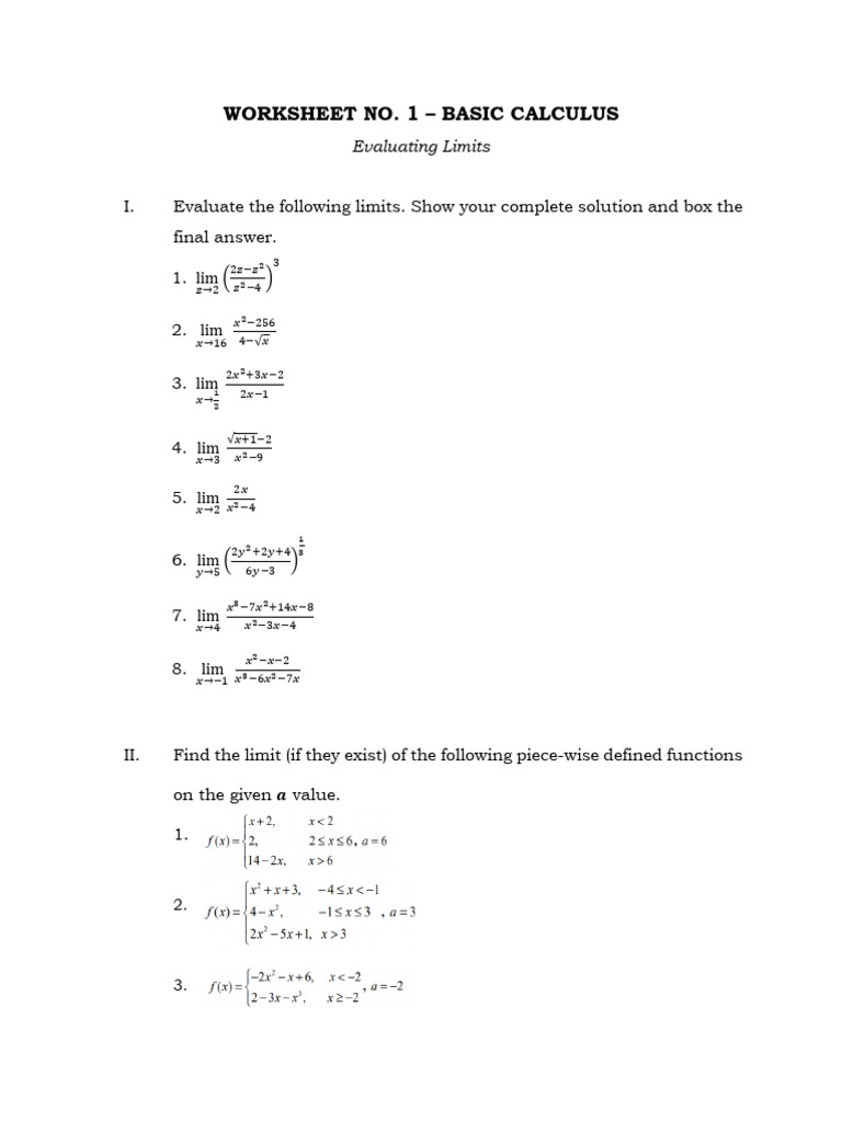 Basic Calculus Limits Worksheet | PDF