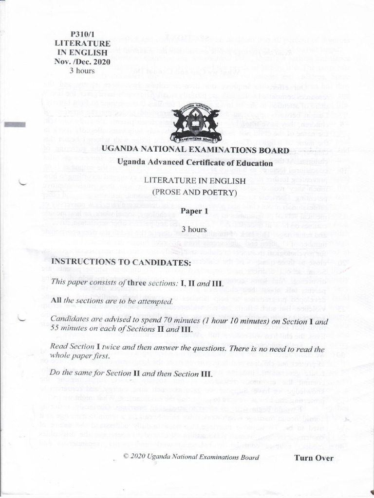 Uneb Literature Paper 1 2020 | PDF