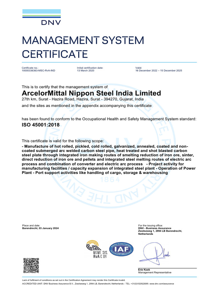ISO 45001 2018 Certificate1 AMNS | PDF | Steel | Iron