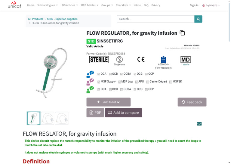 FLOW REGULATOR, For Gravity Infusion - Unicat | PDF
