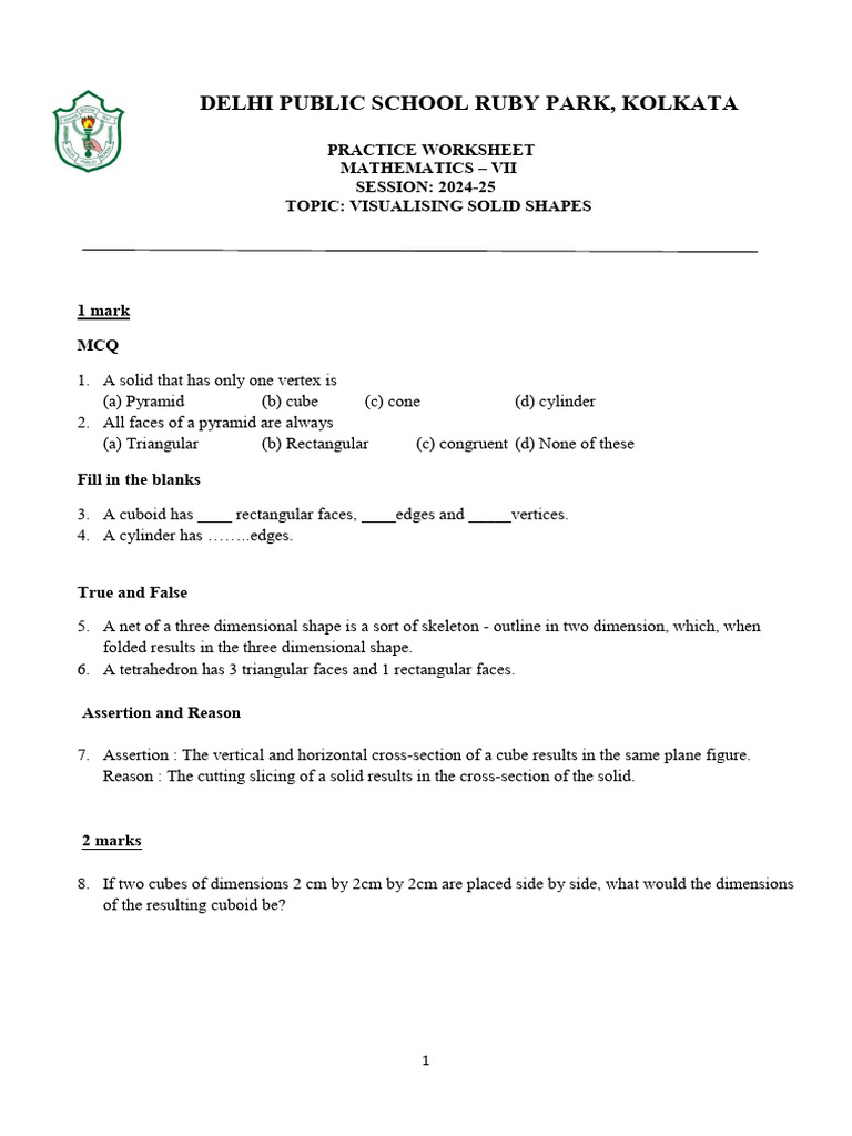 Visualising Solid Shapes Practice Worksheet | PDF