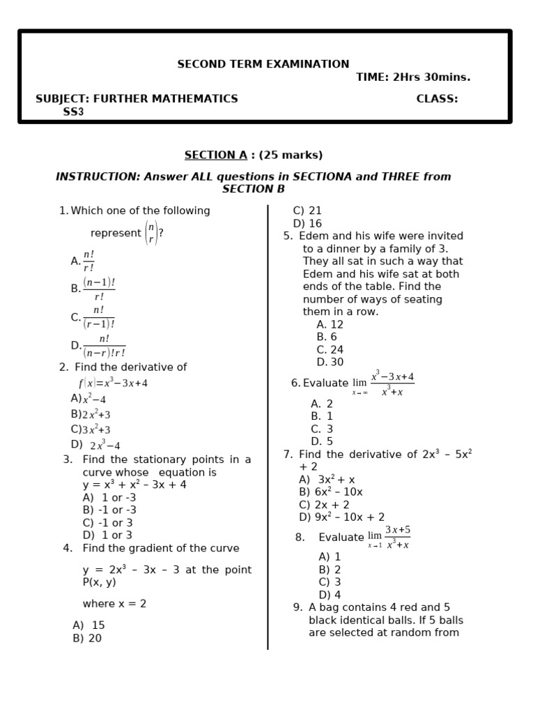 SS3 Further Mathematics Exam | PDF | Acceleration | Derivative