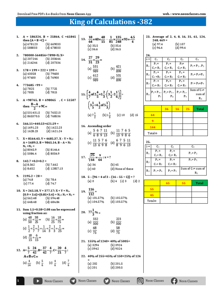 King of Calculations Sheet - 382 | PDF