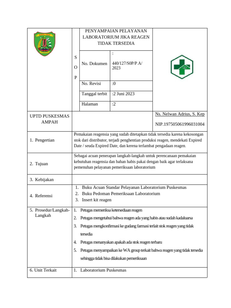 SOP Pelayanan Lab Saat Reagen Kosong | PDF