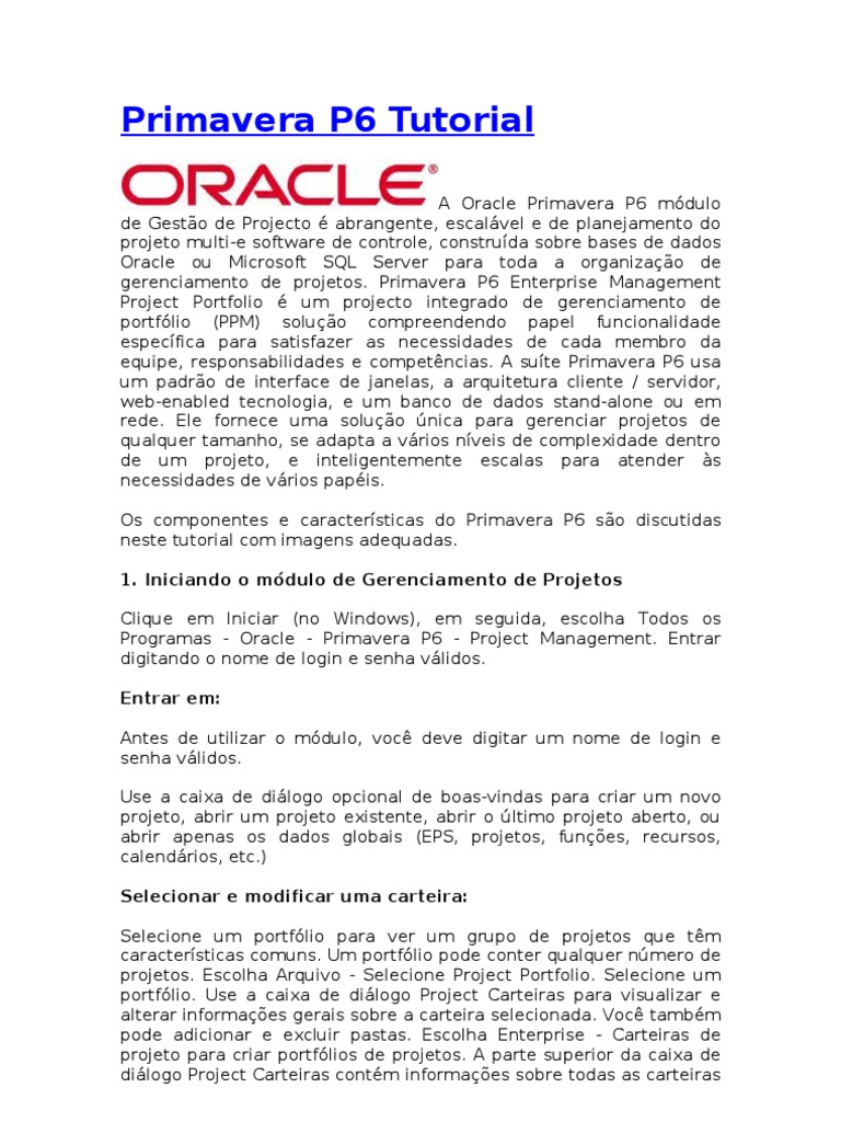 A Oracle Primavera P6 Tutorial | PDF | Janela (informática) | Bancos de ...