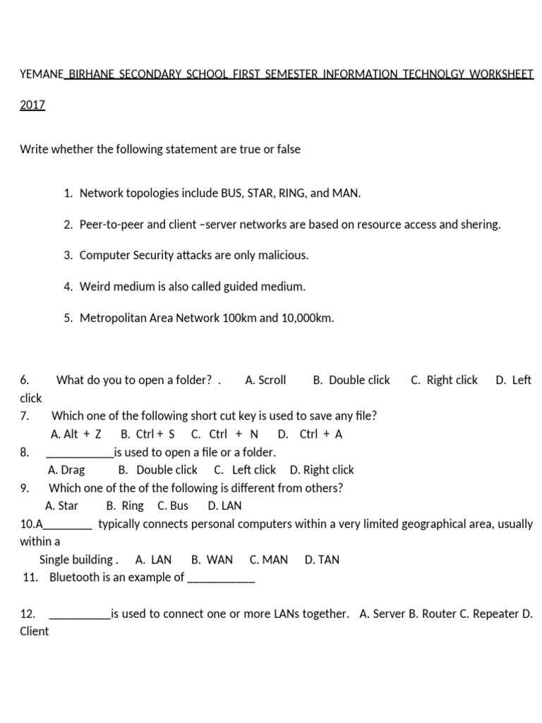 IT Worksheet for High School Students | PDF | Computer Network ...