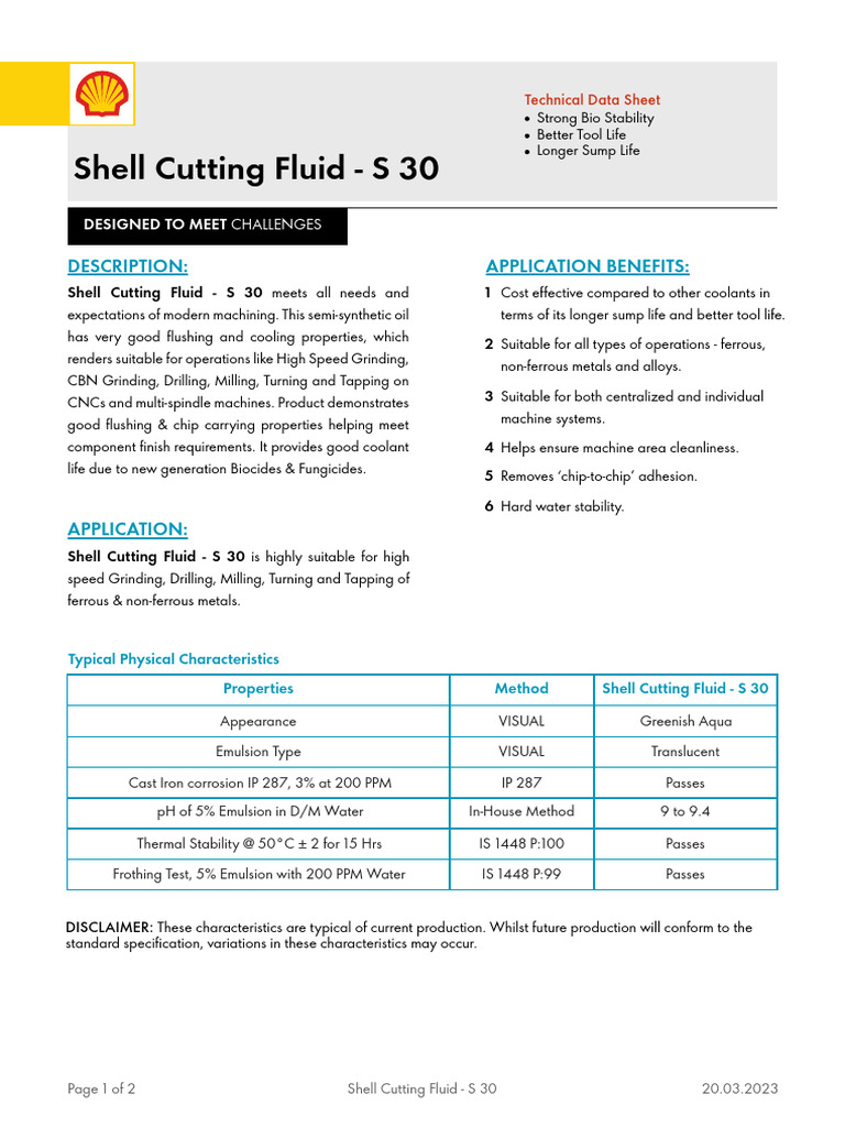 Shell Cutting Fluid - S 30 | PDF | Grinding (Abrasive Cutting ...
