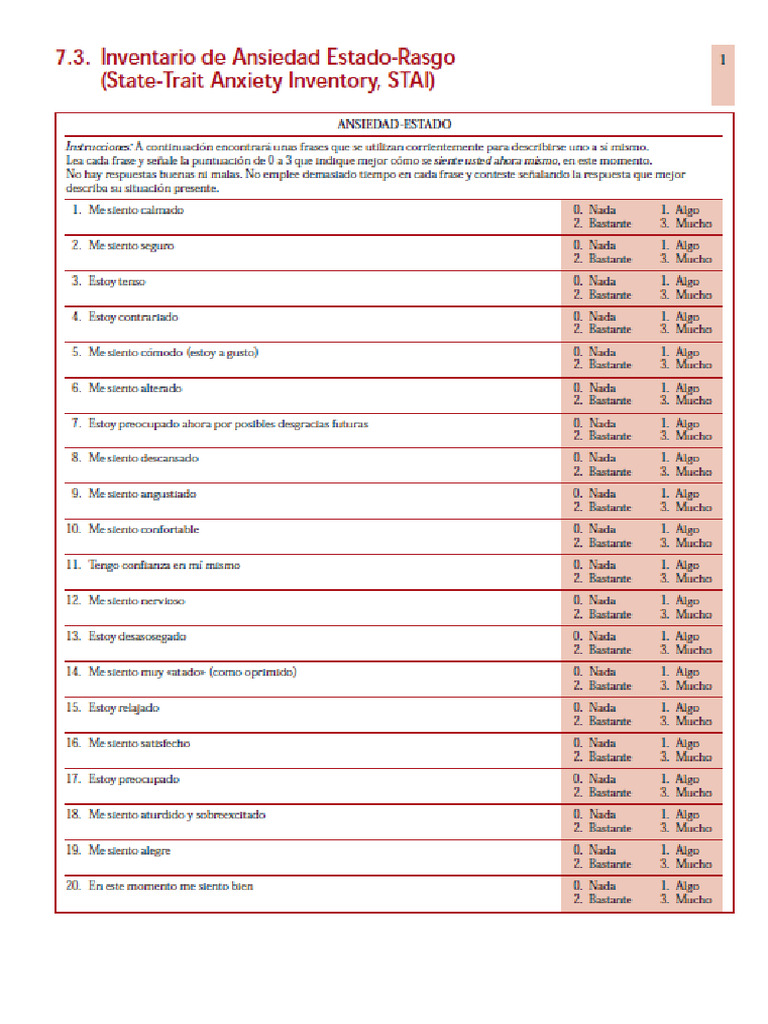 Test de Ansiedad Estado-Rasgo Hojas Aplicacion y Calificacion Stai-1 | PDF