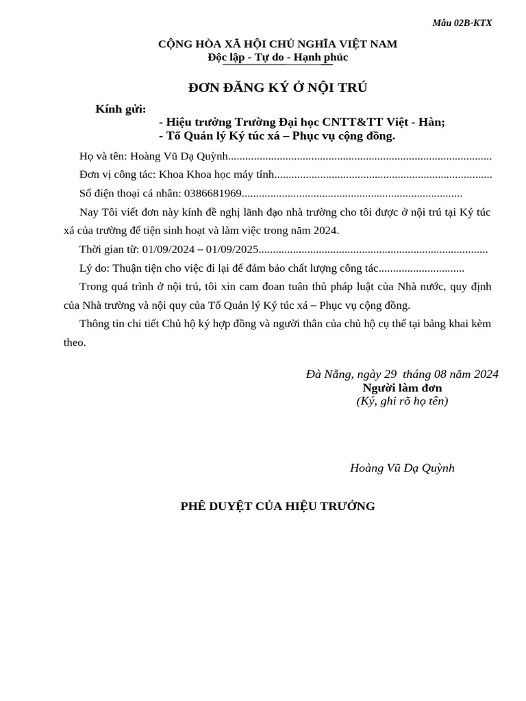 Mẫu 02B-KTX - Đơn đăng ký ở KTX CBVC | PDF