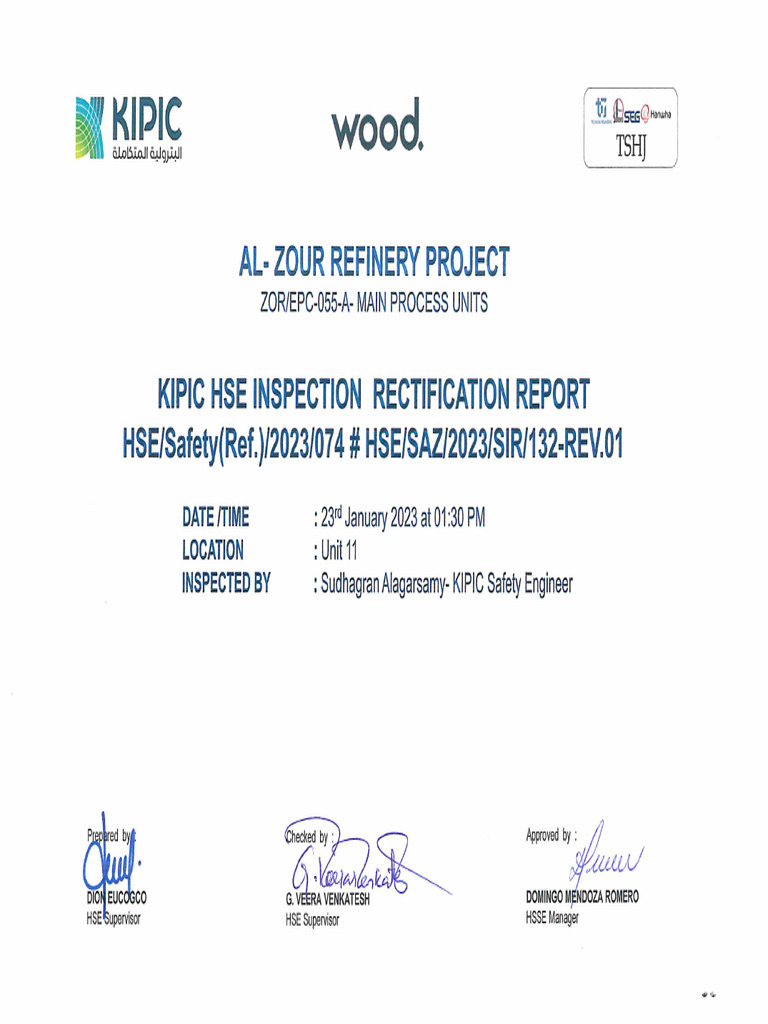 Kipic Hse Site Inspection Rectification Report - Hse-safety(Ref.)-2023-074-Rev.1 | PDF