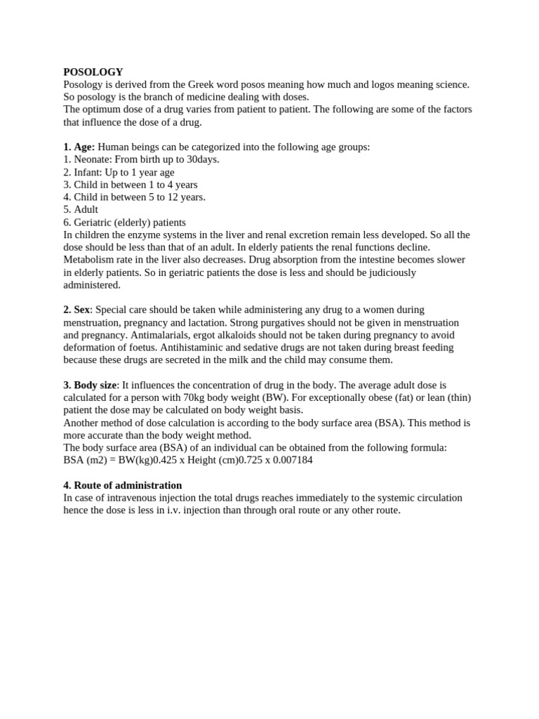 POSOLOGY AND DOSAGE CALCULATIONS | PDF | Pharmacology | Dose (Biochemistry)