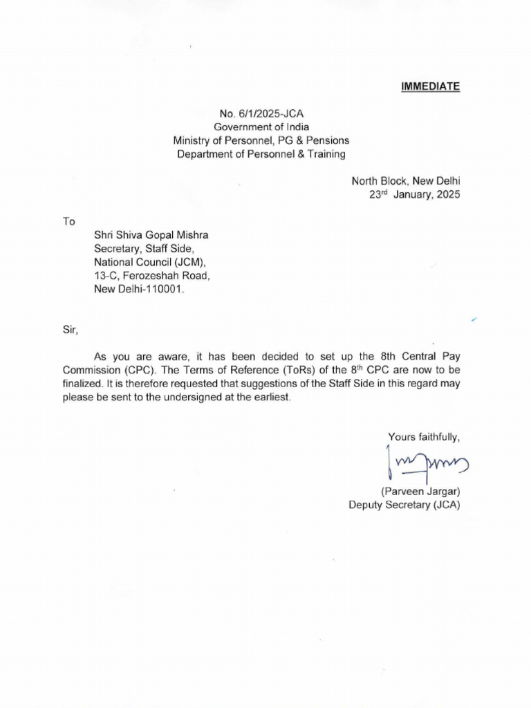 8th CPC - DoP&T's Letter to Secy.(Staff Side) JCM Seeking Comments on ...