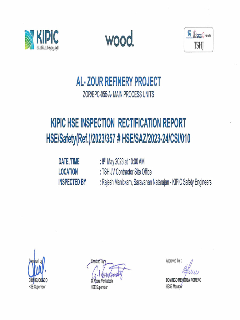 KIPIC HSE SITE INSPECTION RECTIFICATION REPORT - HSE-SAFETY(Ref.)-2023 ...