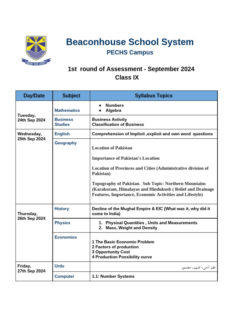 September 2024 Class IX Assessment Schedule | PDF | Mathematics