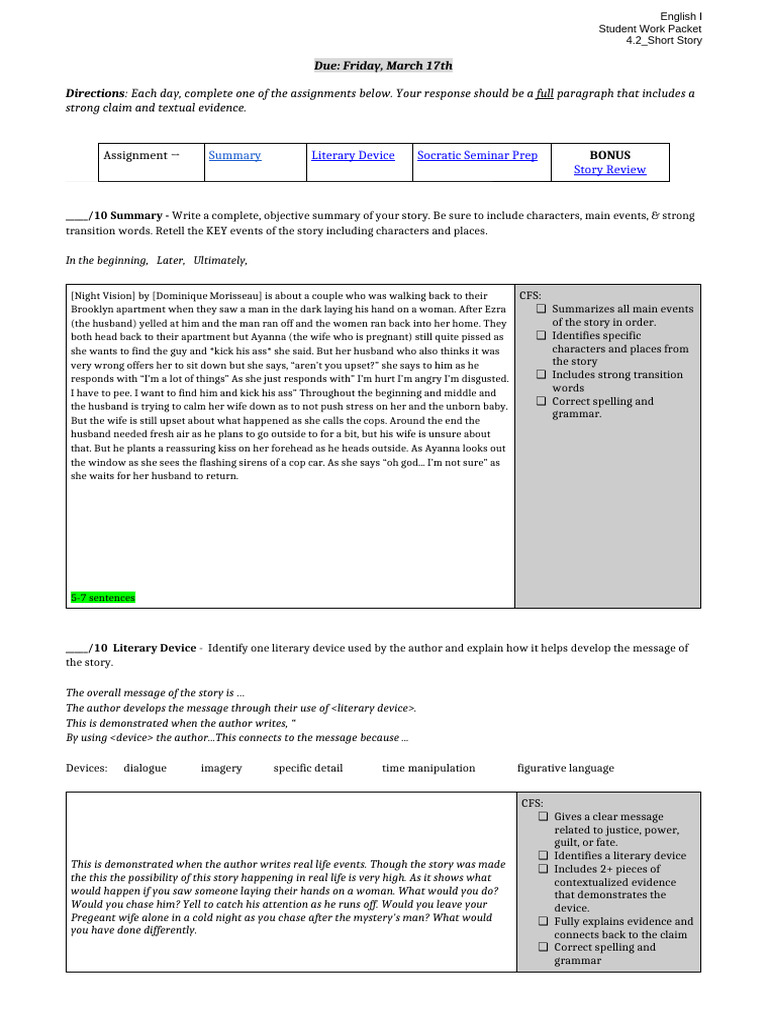 [Short Story Packet] [Short Story Packet] Espinoza_Short Story Analysis ...