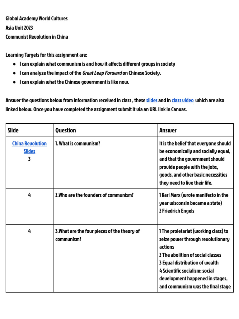 Communist Revolution in China Note Taking Guide | PDF | Communism | China