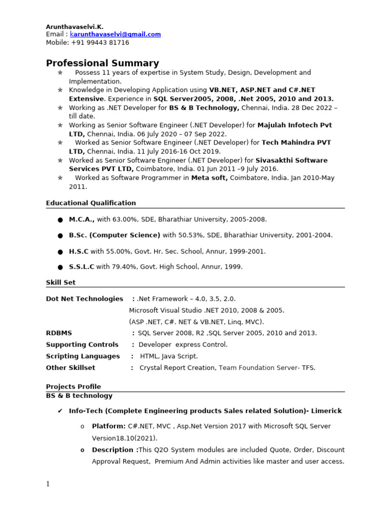 Naukri KArunthavaselvi12y 0m | PDF | Microsoft Sql Server | C Sharp (Programming Language)