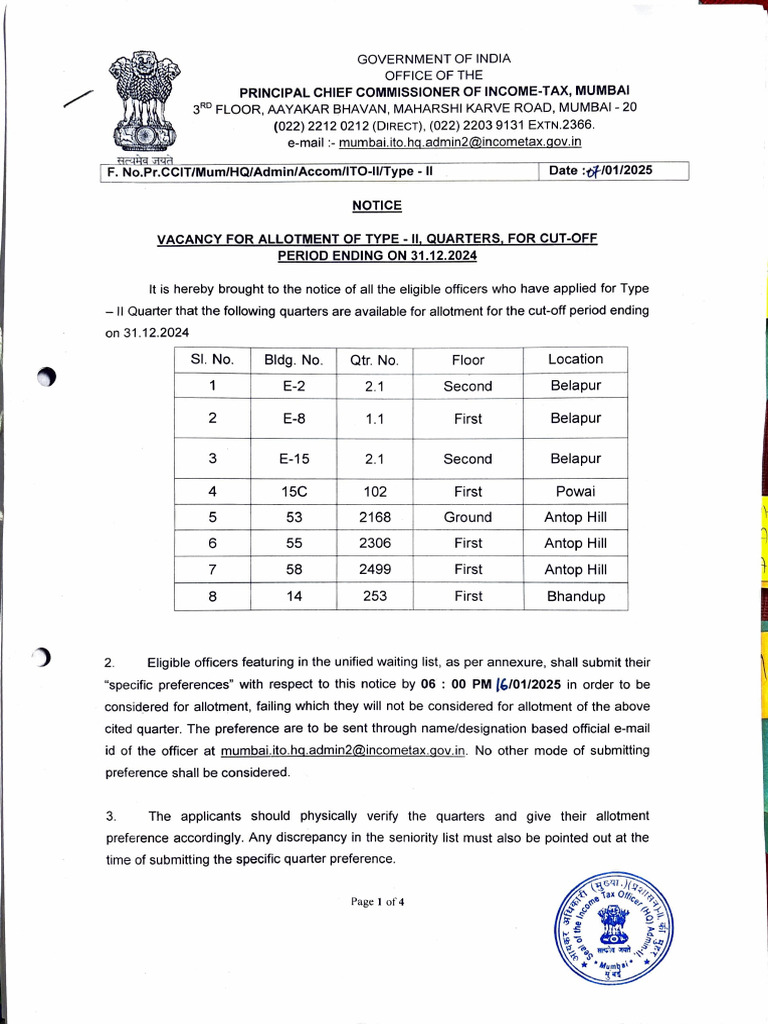 Vacancy Notice For Type II Quarter For Cut Off Period 31.12.2024 | PDF