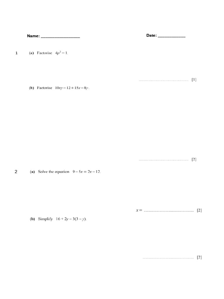 Algebra Worksheet | PDF